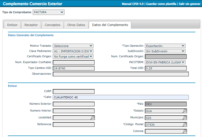 COMPLEMENTO DE COMERCIO EXTERIOR 1.1 para CFDI 4.0